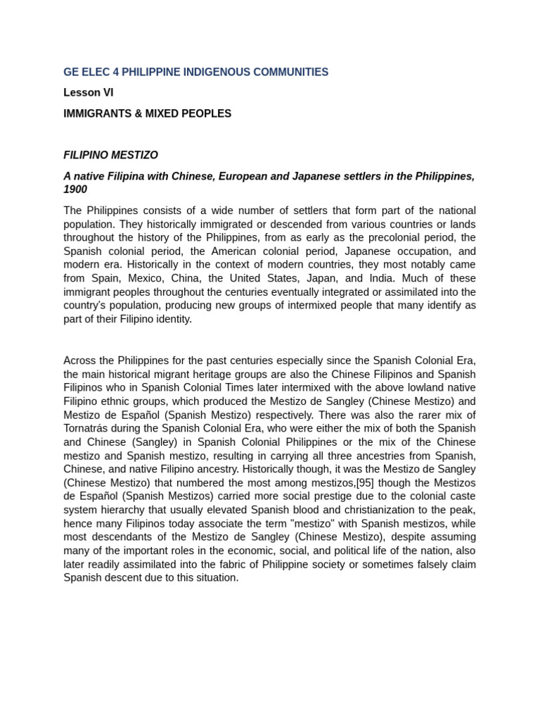 Filipino Mestizo Heritage Overview | PDF | Philippines | Southeast Asia