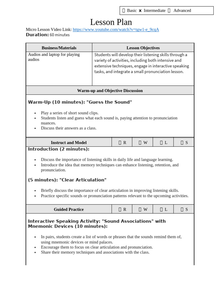 Original Listening:Speaking:Pronunciation Lesson Plan | PDF ...