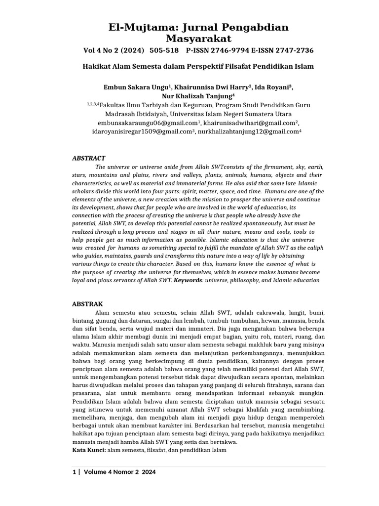 Hakikat Alam Semesta Dalam Perspektif Filsafat Pen | PDF