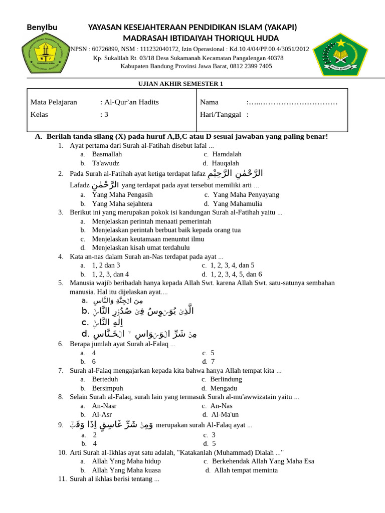 Soal PAS Al-Qur'an Hadits kls 3 smt 1 | PDF