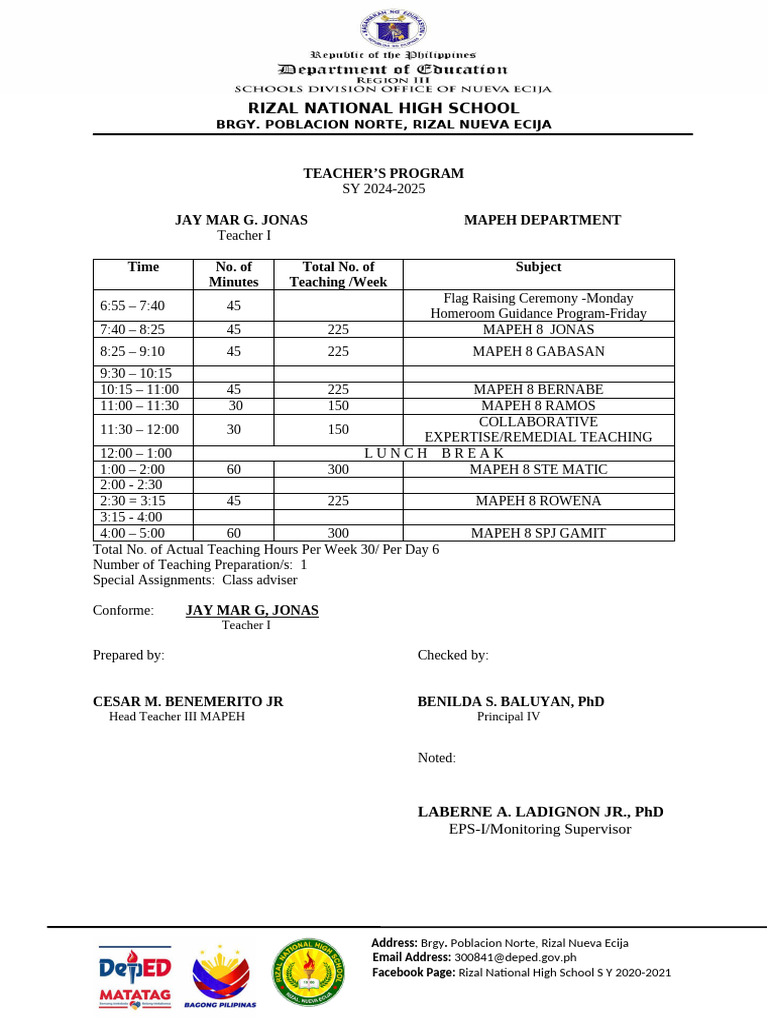 MAPEH Individual Class Program SY 2024 2025 | PDF | Educational Organizations | Educational ...