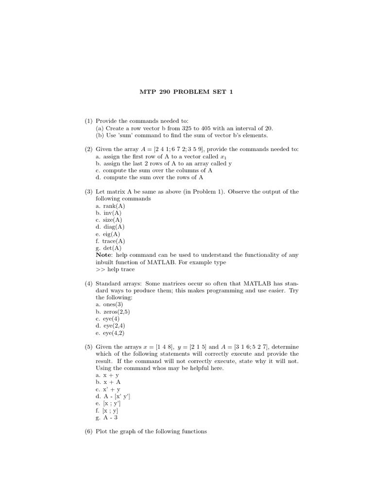 MTP290 Tut1 | PDF | Matrix (Mathematics) | Matlab