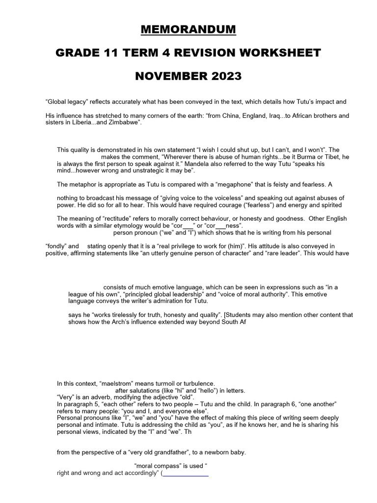 GR 11 NOV EXAM REV WORKSHEET MEMO | PDF