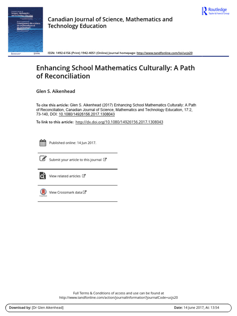 Enhancing Sch Math Culturally a Path of Reconciliation | PDF | Curriculum | Teachers