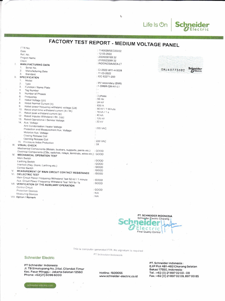 Test Report MV Panel F-SM6R-QM-A1-L2 | PDF | Building Engineering ...