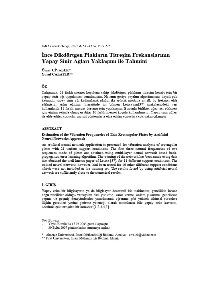 Nce Dikd Rtgen Plaklar n Titre Im Frekanslar n n Yapay Sinir a Lar Yakla m Ile Tahmini[#155281 ...
