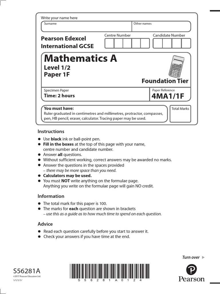 4ma1 1f Specimen Papers - Question Paper Igcse Edexcel Maths | PDF | Area | Geometry