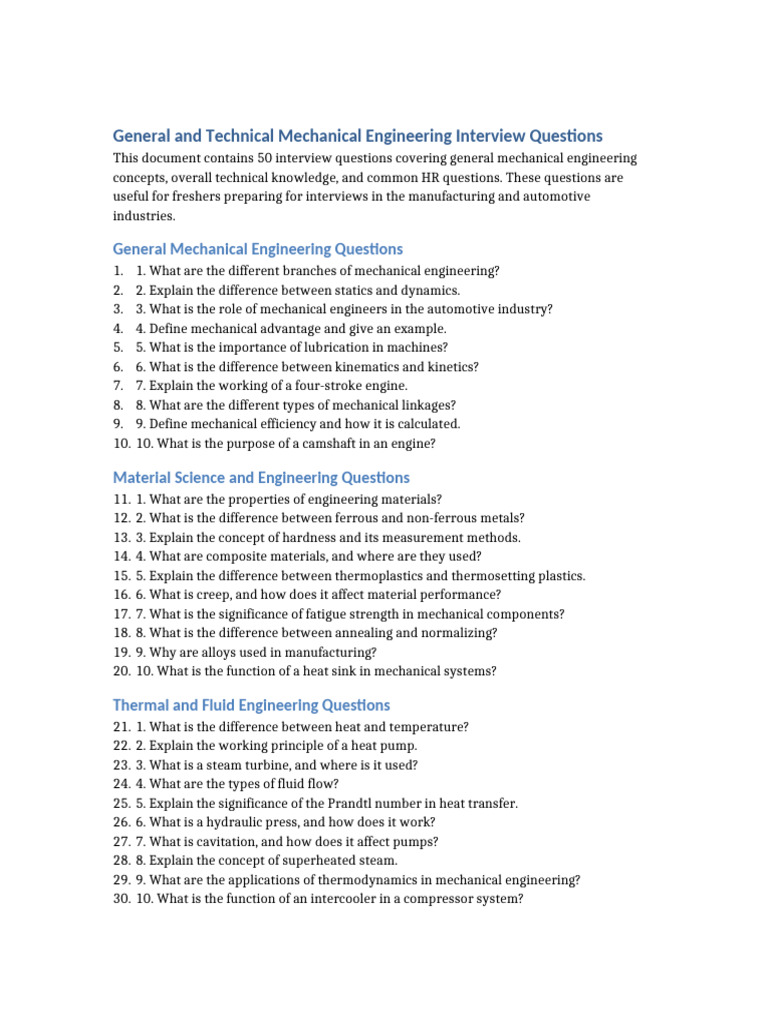 General Technical Mechanical Interview Questions | PDF | Engineering ...
