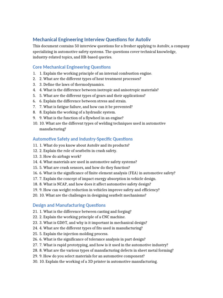 Mechanical Engineering Interview Questions Autoliv | PDF | Fluid Dynamics | Mechanical Engineering