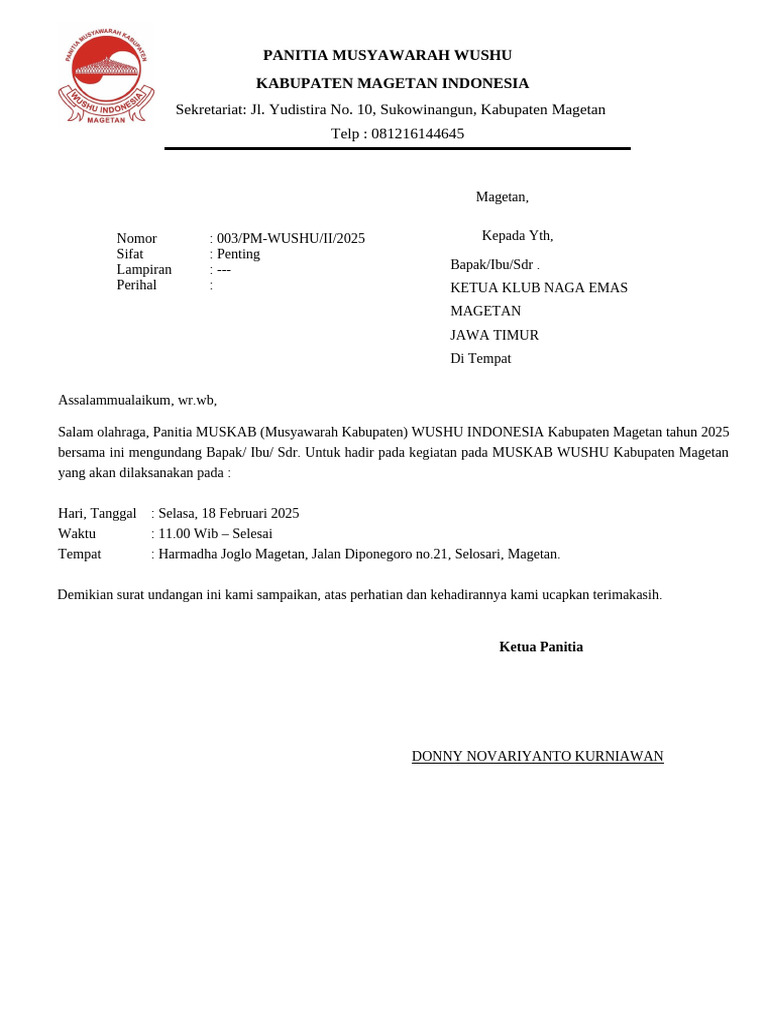 Undangan MUSKAB Wushu Magetan 2025 | PDF