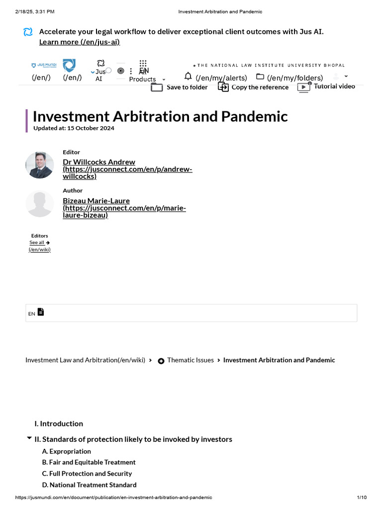 Investment Arbitration and Pandemic | PDF | Arbitration | Treaty