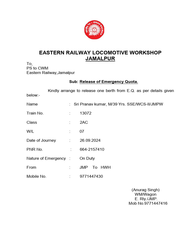 Eastern Railway Locomotive Workshop Jamalpur: Sub: Release of Emergency Quota | PDF