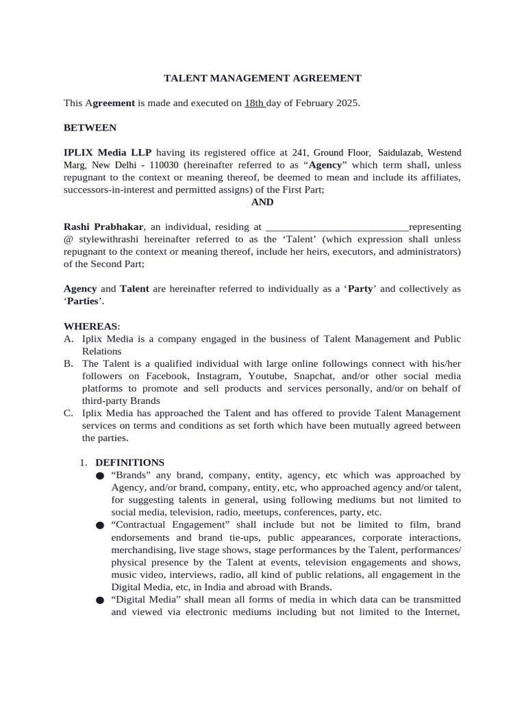 Talent Management Agreement with Rashi | PDF | Indemnity | Arbitration