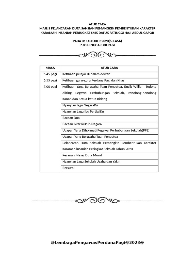 Atur Cara Majlis Pelancaran Duta Sahsiah 2023 | PDF