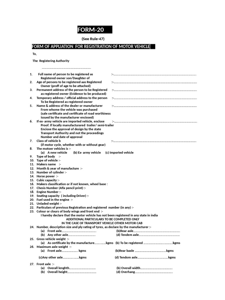 RTO Form 20: Vehicle Registration Application | PDF | Semi Trailer ...
