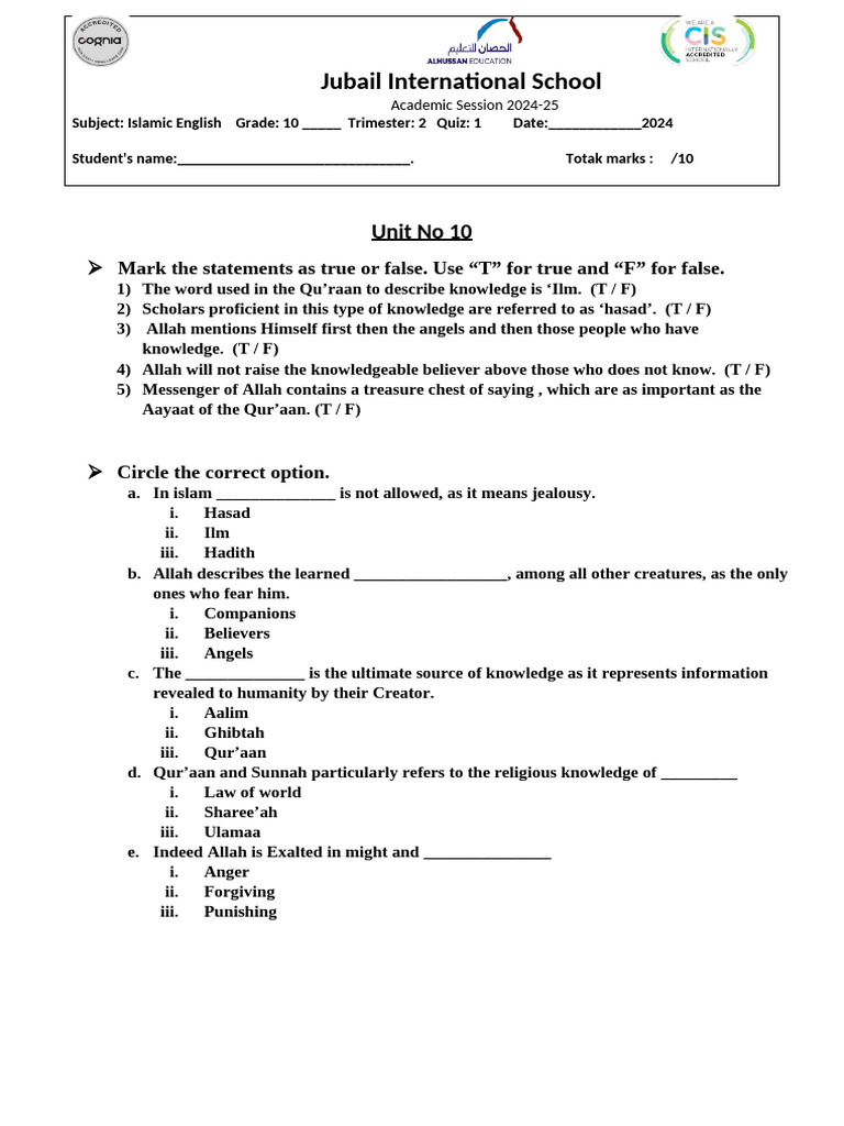 Grade 10 IE Quiz Unit 10 Lesson 1.5 | PDF