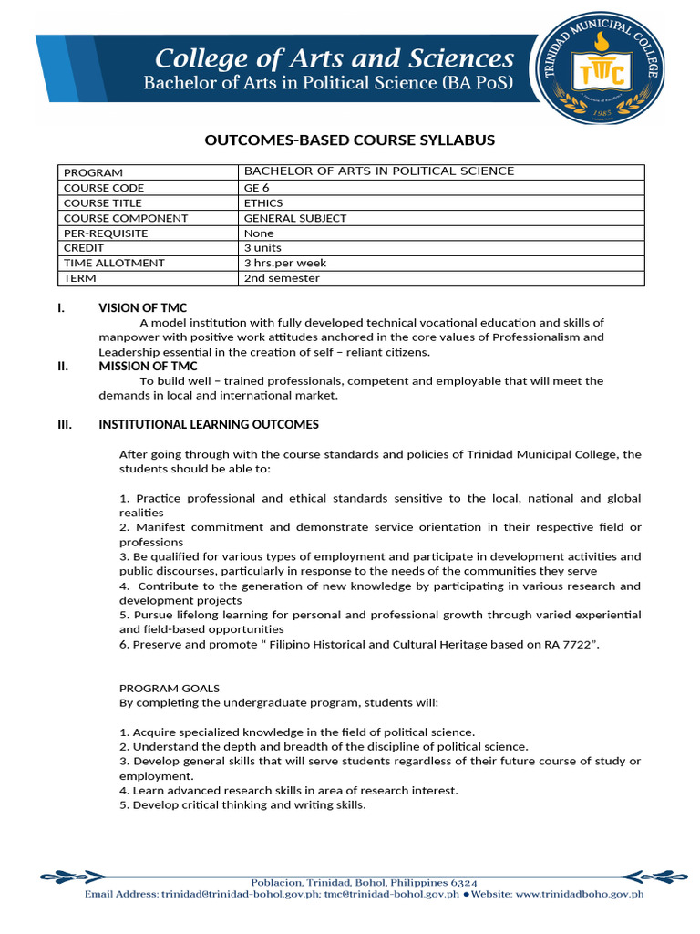 GE-6-ETHICS-SYLLABUS | PDF | Natural Law | Thomas Aquinas