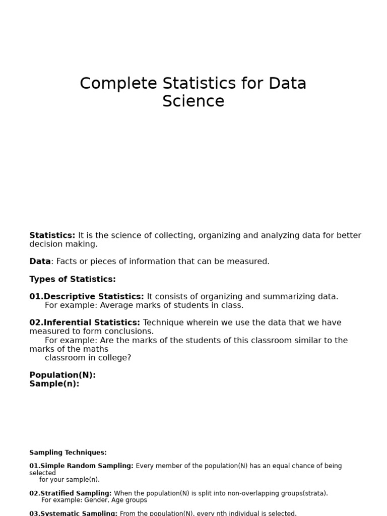 Complete Statistics for Data Science | PDF