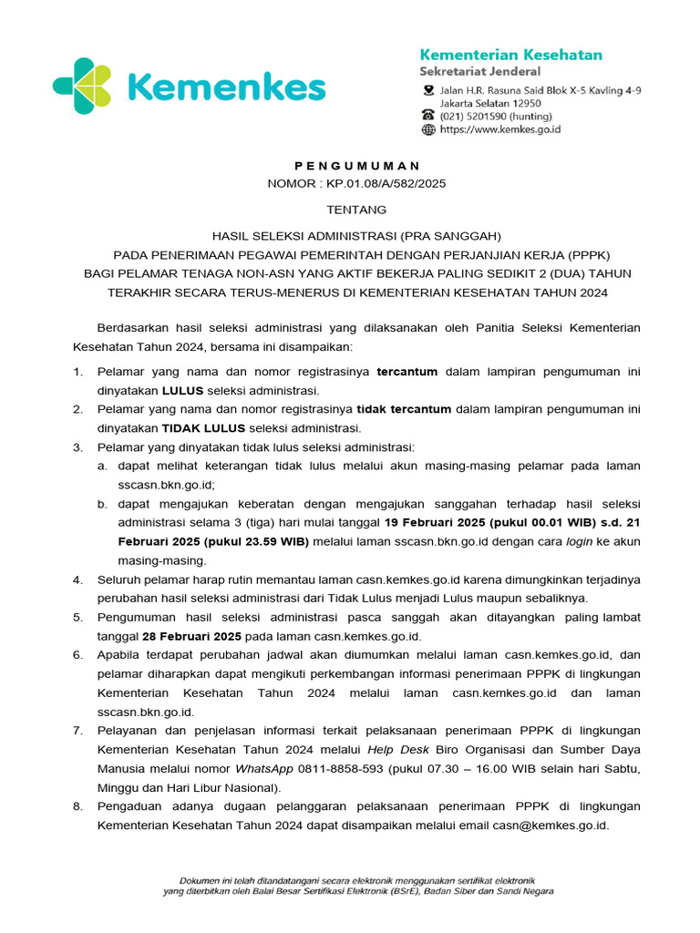 Pengumuman Hasil Seleksi Administrasi PRA SANGGAH PPPK 2024 Tahap II | PDF