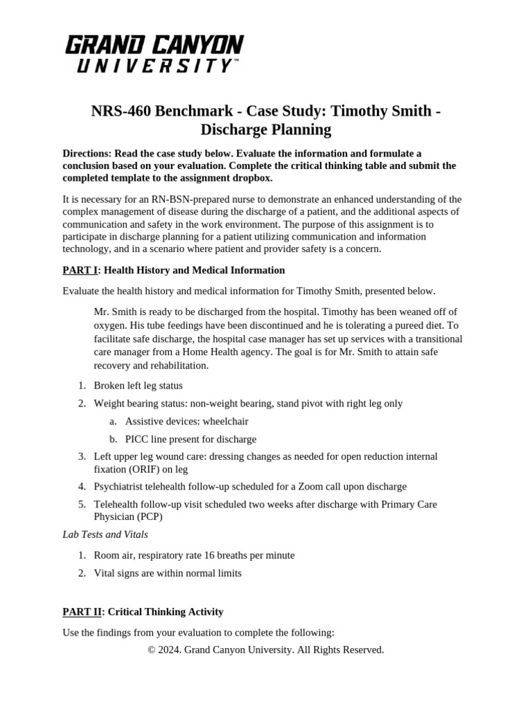 NRS 460 RS T4 Benchmark CaseStudy DischargePlanning | PDF | Physical ...