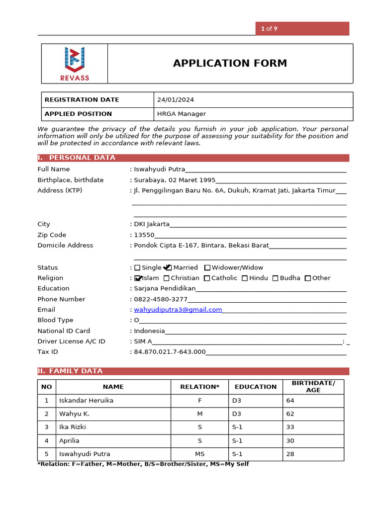 PT Revass - Application Form | PDF