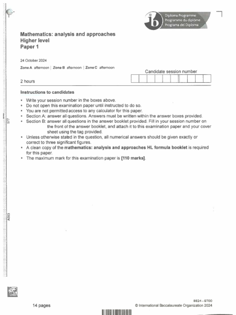 2024.2 Maths AA - Paper 1 HL - Out 2024 | PDF