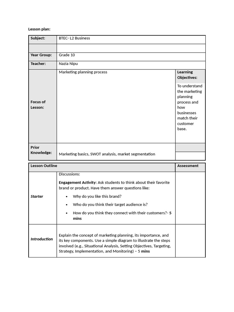 Grade 10 Marketing Planning Lesson | PDF | Marketing | Lesson Plan