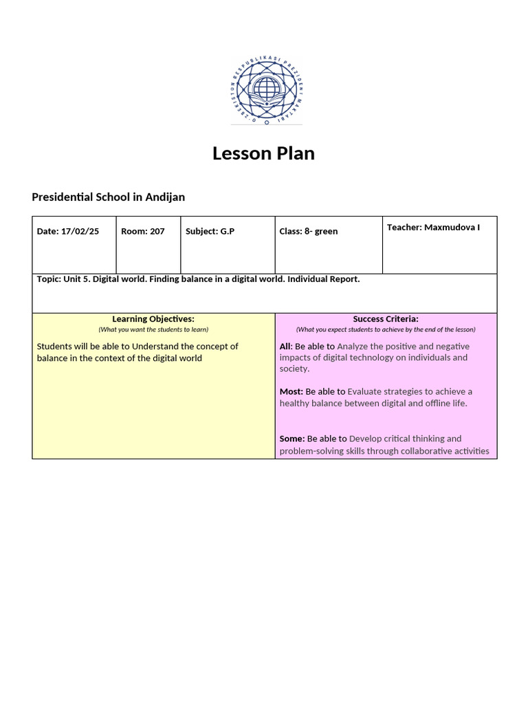 Lesson Plan. Digital World 8 Green | PDF | Lesson Plan | Psychology