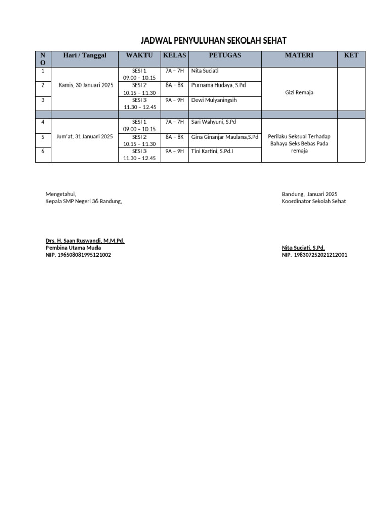 JADWAL SEKOLAH SEHAT | PDF