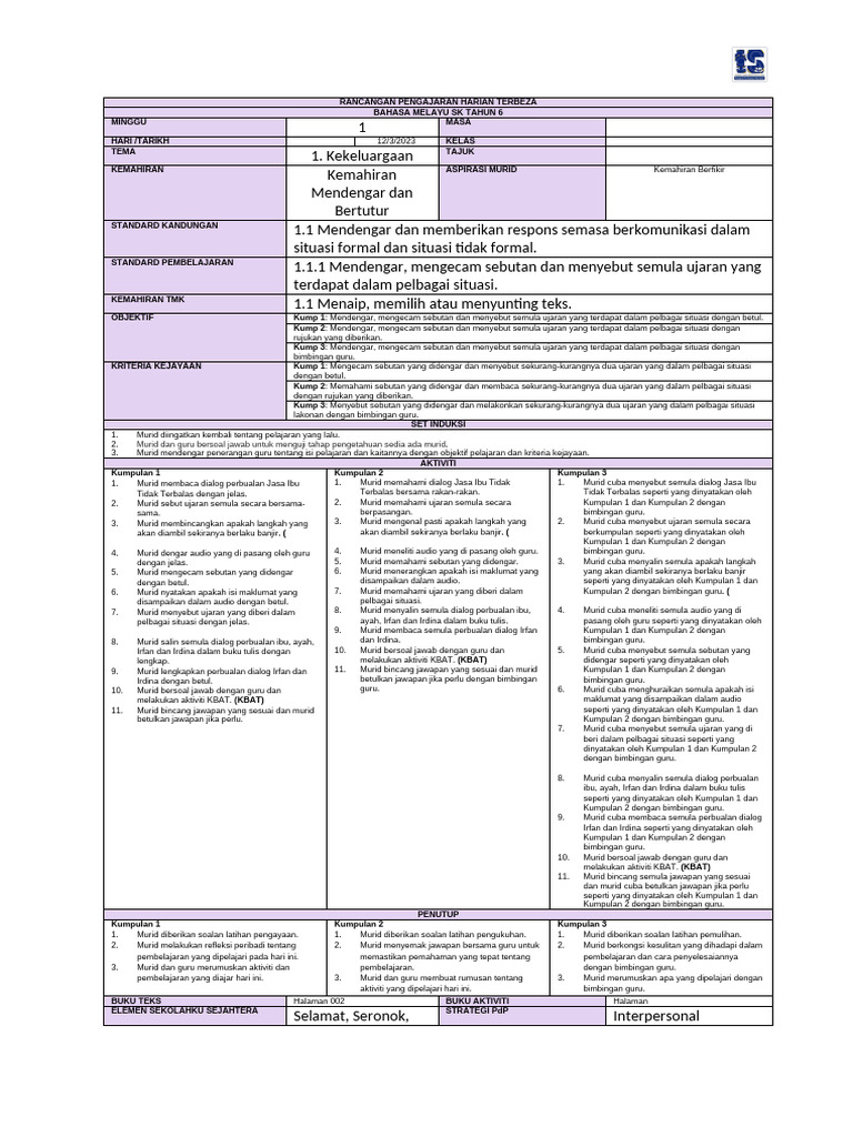 RPH TERBEZA MINGGU 1 BM SK TAHUN 6 | PDF