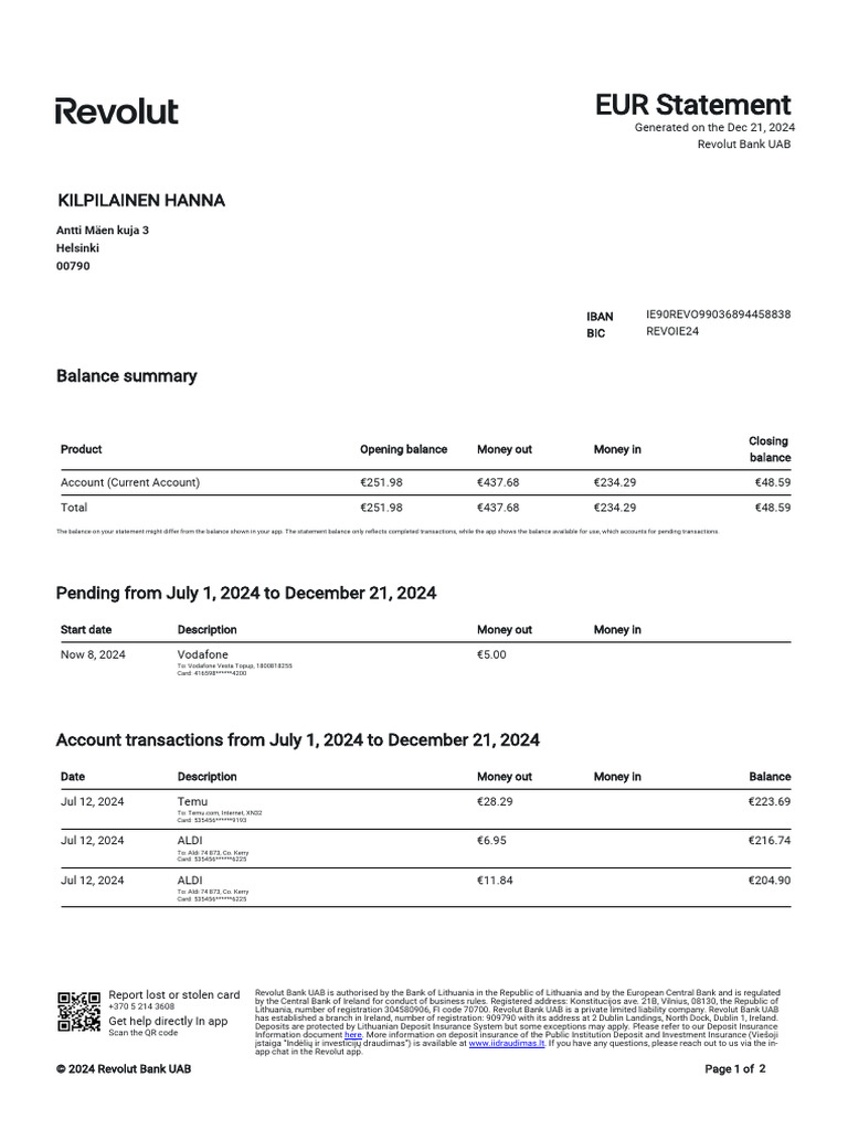 Account Statement - 2024 07 01 - 2024 21 12 - 2024en | PDF | Banking