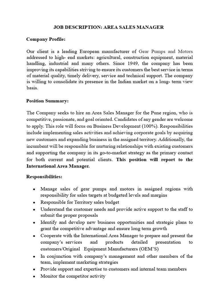 Job Description For Area Sales Manager | PDF | Sales | Marketing Strategy