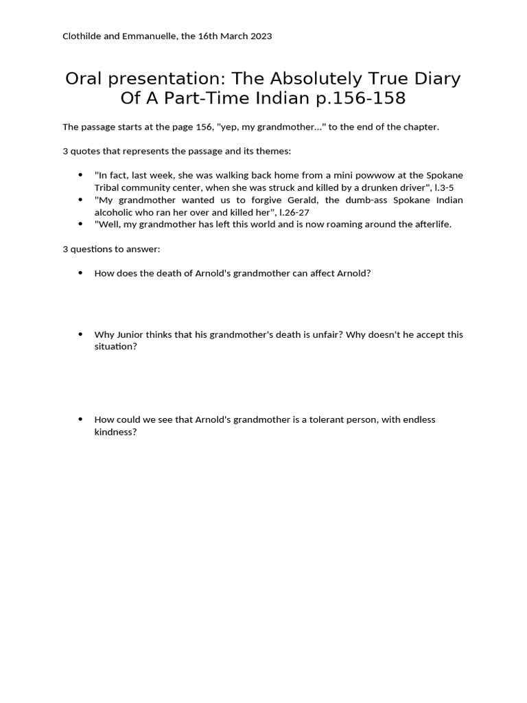Oral Presentation: The Absolutely True Diary of A Part-Time Indian p ...