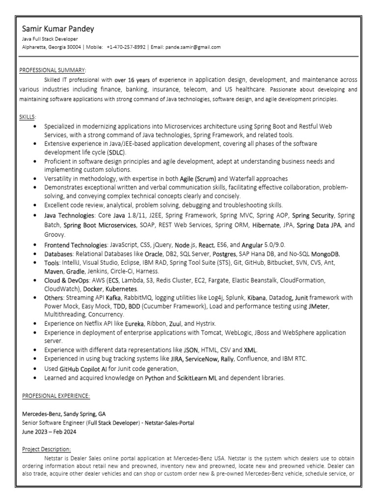 Resume (Samir Kumar Pandey) | PDF | Spring Framework | Java (Programming Language)