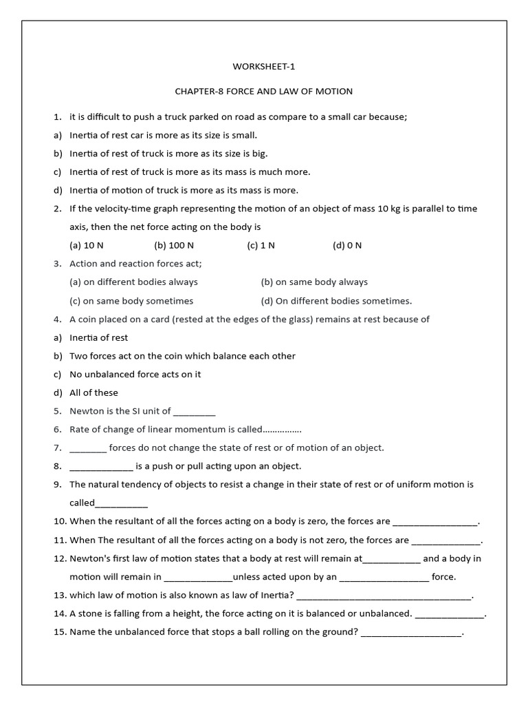 Worksheet-1 Force and Laws of Motion 1 | PDF | Force | Inertia