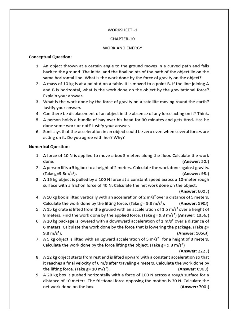 Work and Energy Worksheet-1-1 1 | PDF | Force | Lift (Force)
