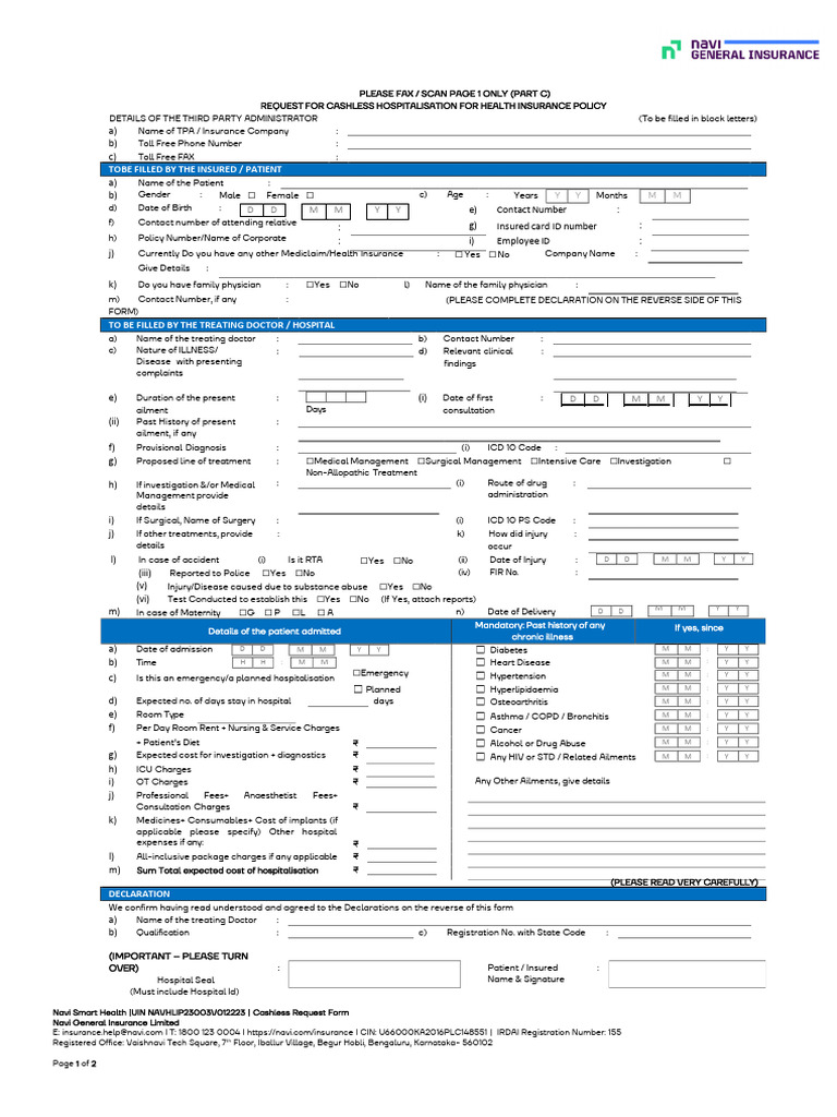 Navi Health Cashless Hospitalization Form | PDF | Hospital | Insurance