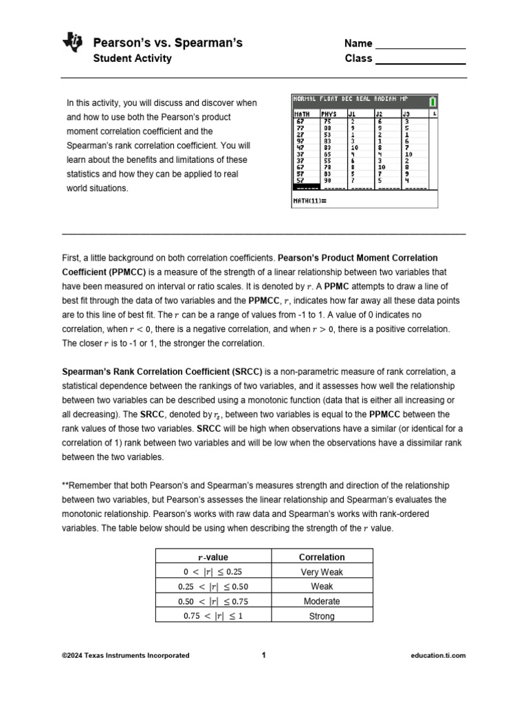 84CE PearsonsvsSpearmans Student PDF | PDF | Spearman's Rank ...