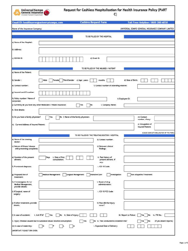 Universal Sompo General Insurance Cashless_Request_Form | PDF