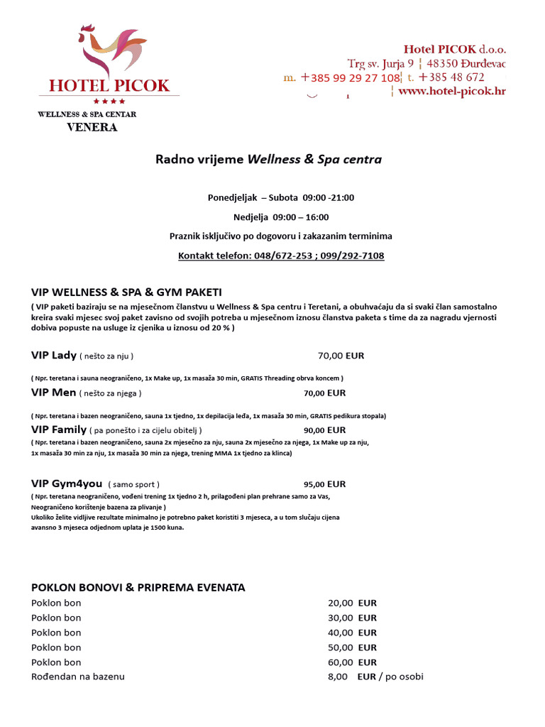 1cjenik Wellness SPA Centra Venera 01.01.2025. | PDF