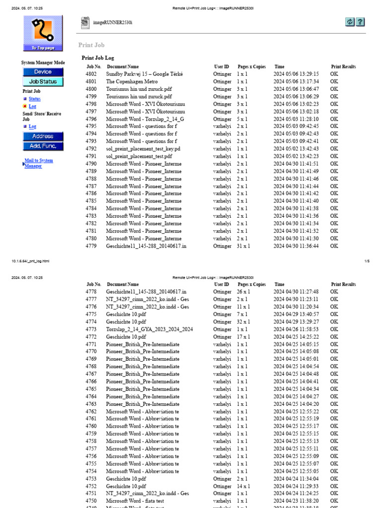 Remote UI - Print Job Log - imageRUNNER2530i - 2024-05-07 | PDF ...