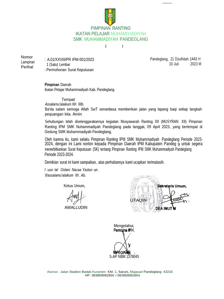 Permohonan SK PR Ipm SMK Mupan 2023 | PDF