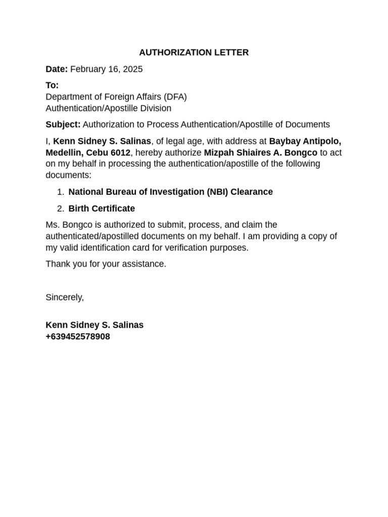 Authorization Letter Ken | PDF