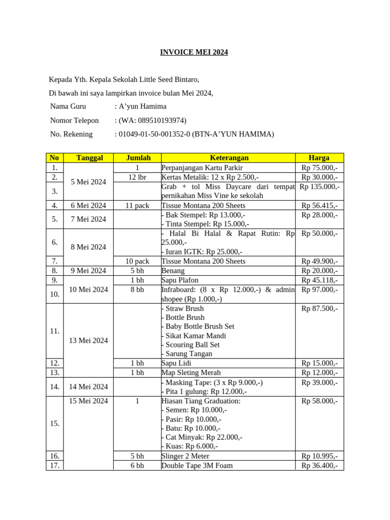 INVOICE - MEI 2024 (Rincian) | PDF
