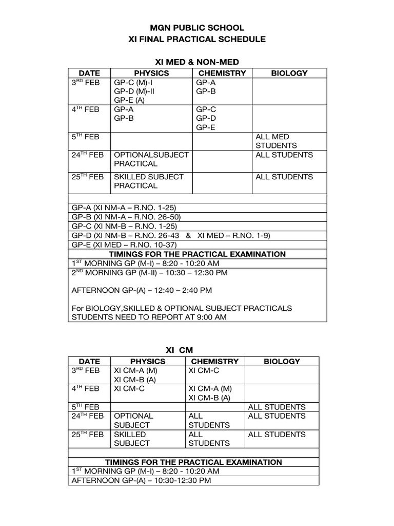 Practical Schedule Final | PDF