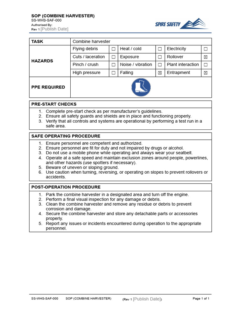 Combine Harvester Safety SOP | PDF