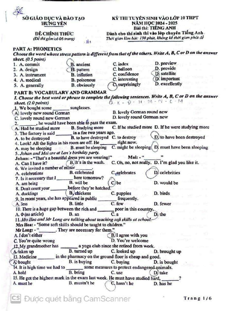 De Thi Chuyen Anh Vao Lop 10 THPT Chuyen Hung Yen | PDF