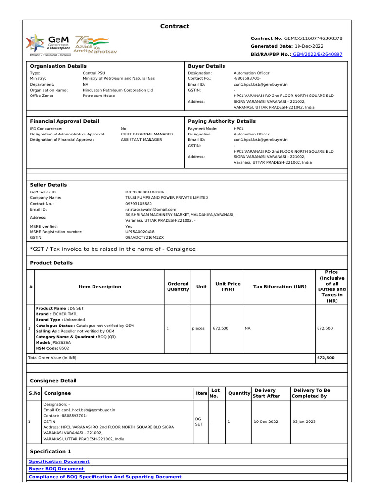 HPCL Contract 19dec22 | PDF | Procurement | Invoice