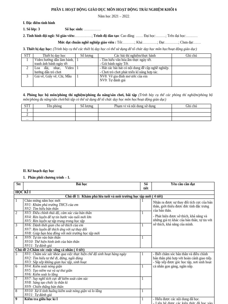 FILE - 20210902 - 213559 - Mẫu kế hoạch dạy học lớp 6 | PDF
