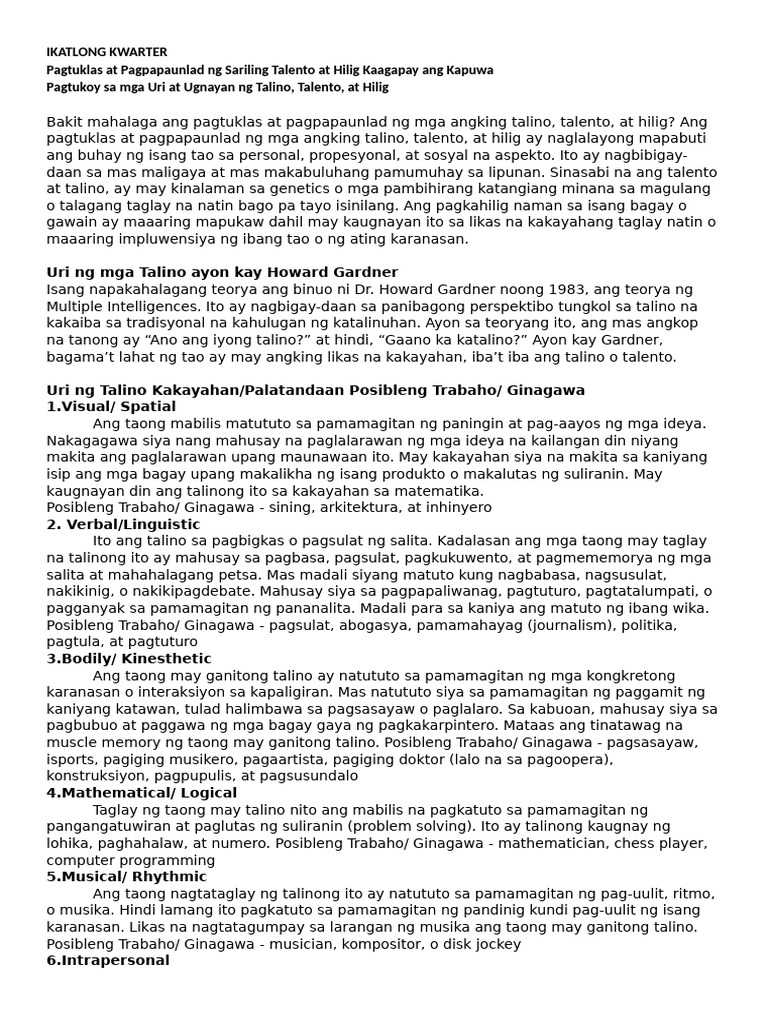 Ikatlong Kwarter Talento at Hilig | PDF